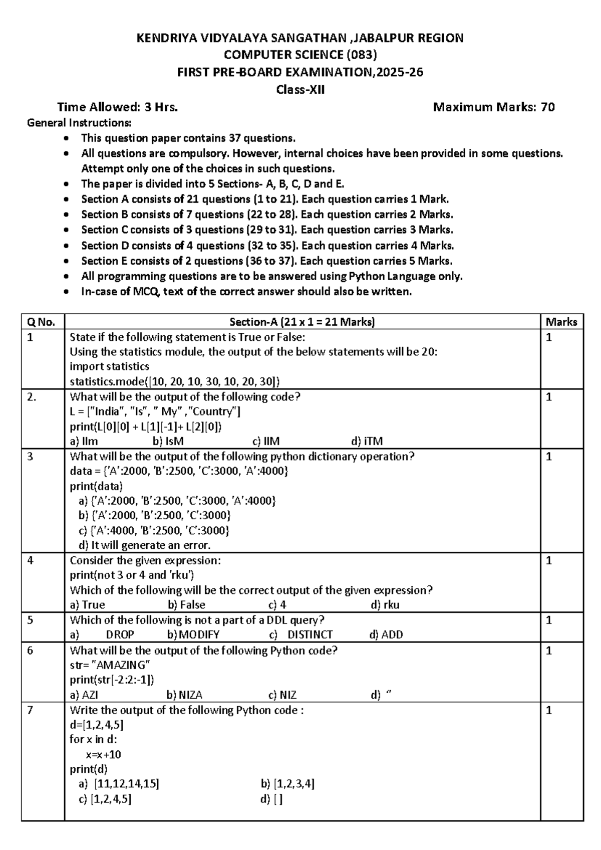 COMPUTER SCIENCE (083) FIRST TIME PRACTICE QUESTION PAPER - Studocu
