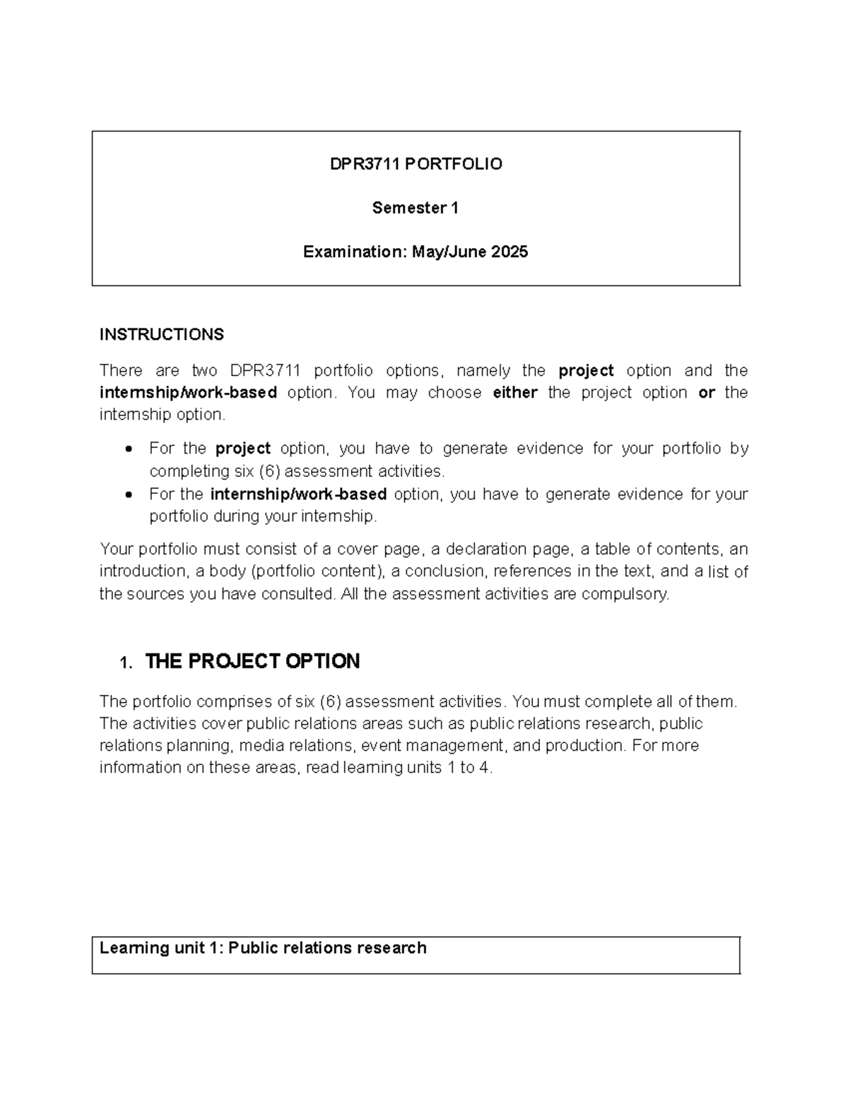 DPR3711 Portfolio Semester 1 Exam: Project & Internship Options Guide ...