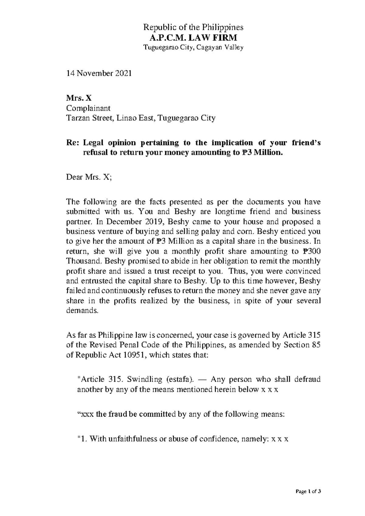 Sample Letter to Client Regarding Case Brief - Republic of the ...
