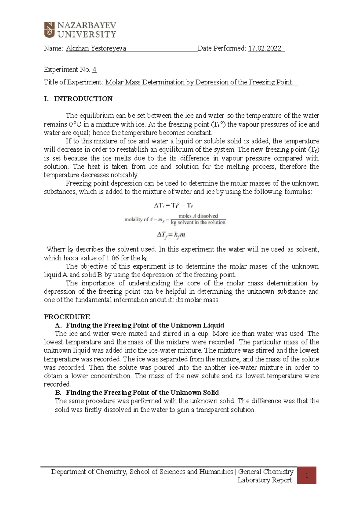 Molar Mass Determination by Freezing Point Depression Lab Report ...