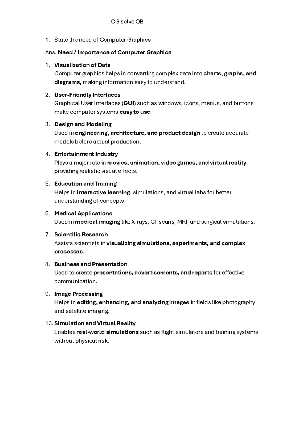 CG Solve QB: Importance of Computer Graphics and Key Concepts - Studocu