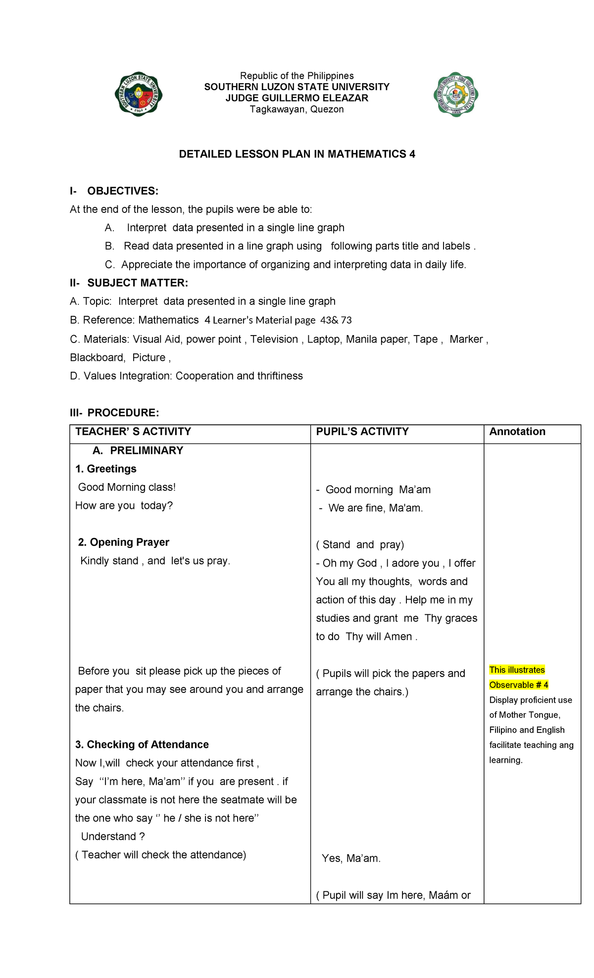 Detailed lesson plan in mathematics 4: Interpreting line graphs - Studocu
