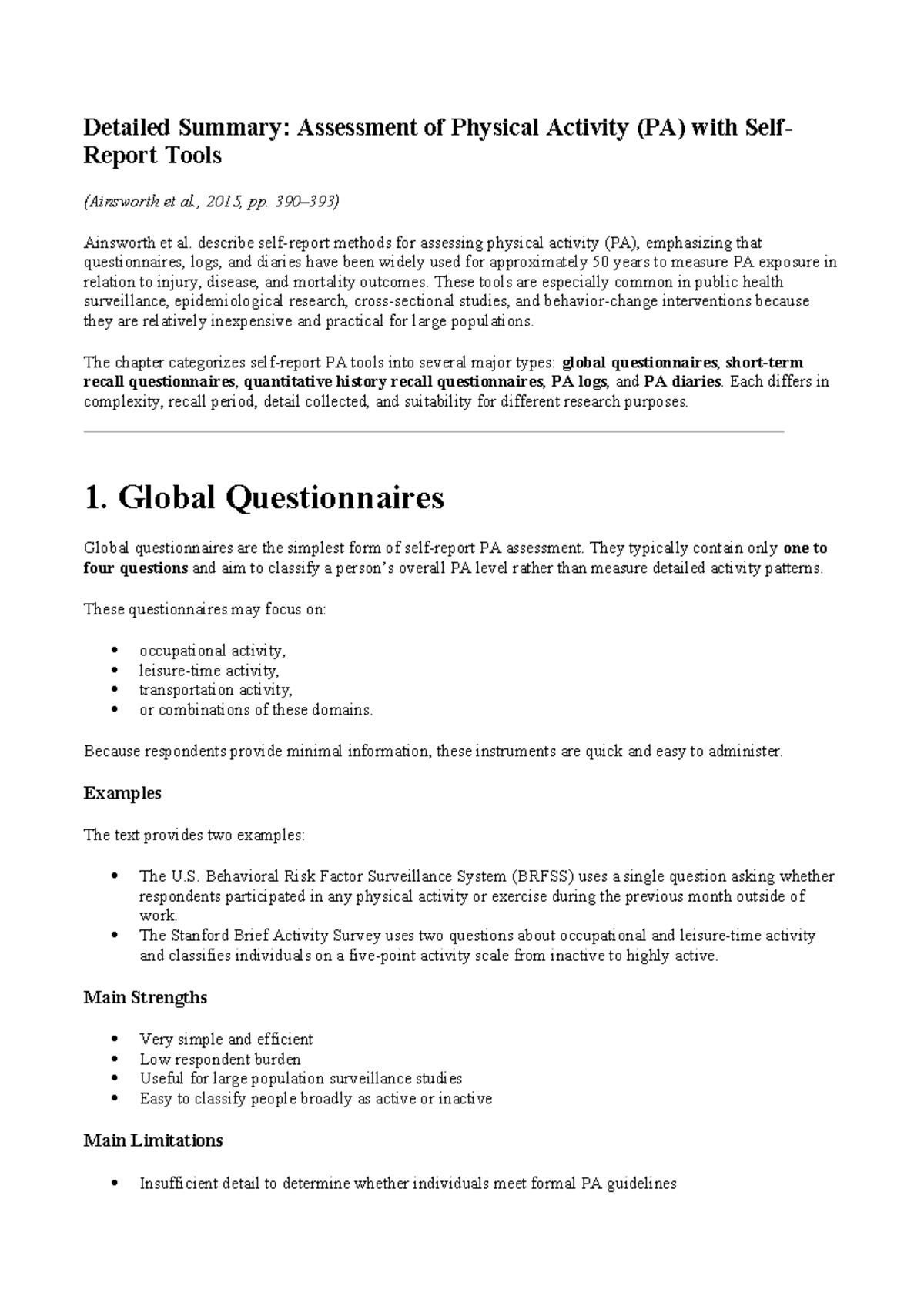 Assessment of Physical Activity (PA) with Self-Report Tools: Summary ...