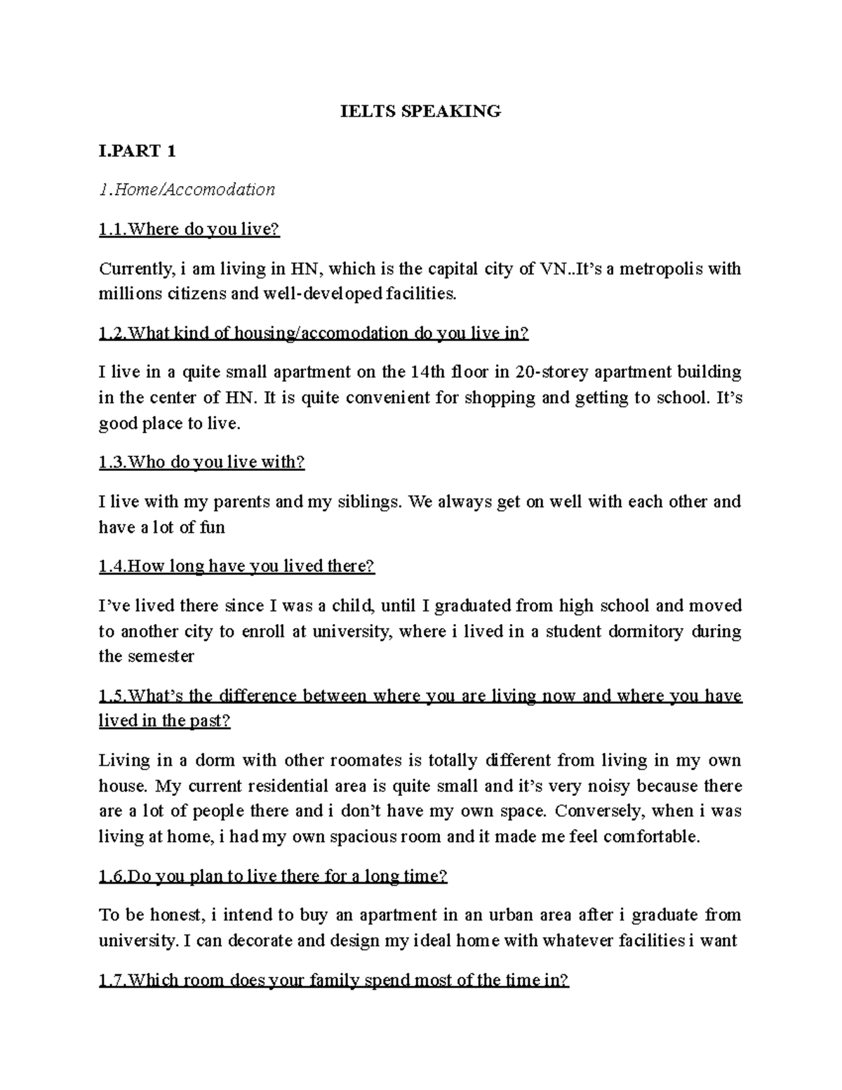 Ielts Speaking - preparation - IELTS SPEAKING I 1 1/Accomodation 1.1 do ...