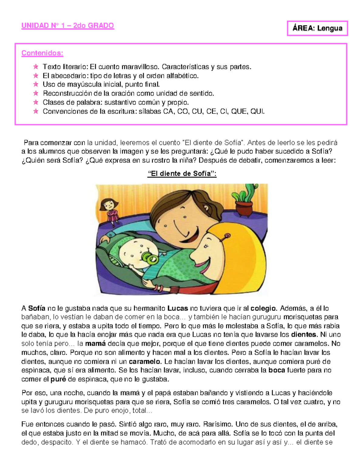 Unidad 1 Lengua 2do Grado: Cuento "El Diente de Sofía" y Actividades ...