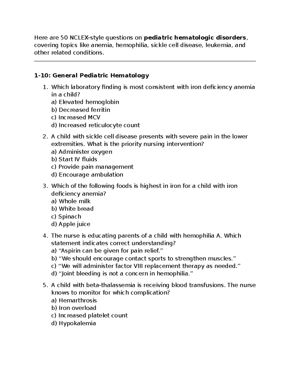 Pediatrics NCLEX Practice: Hematologic Disorders 50 Questions - Studocu