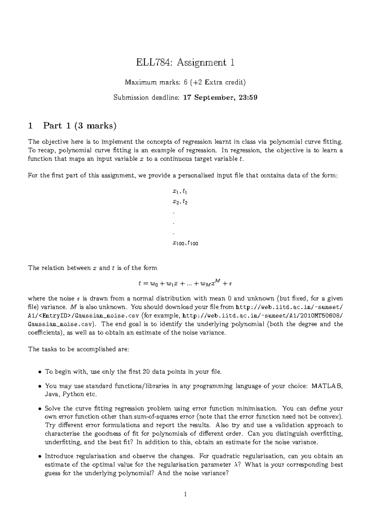 A1 17 - Pattern Recognition - ELL784: Assignment 1 Maximum marks: 6 (+2 ...