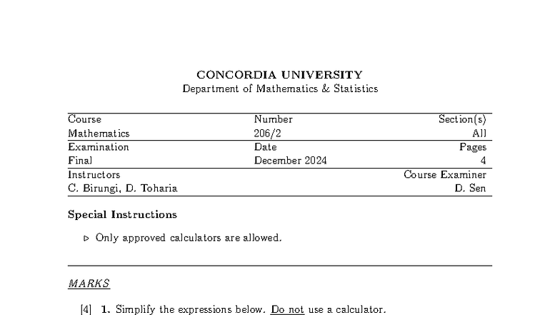 Sample Final Exam MATH 206 2 - December 2024 - Studocu