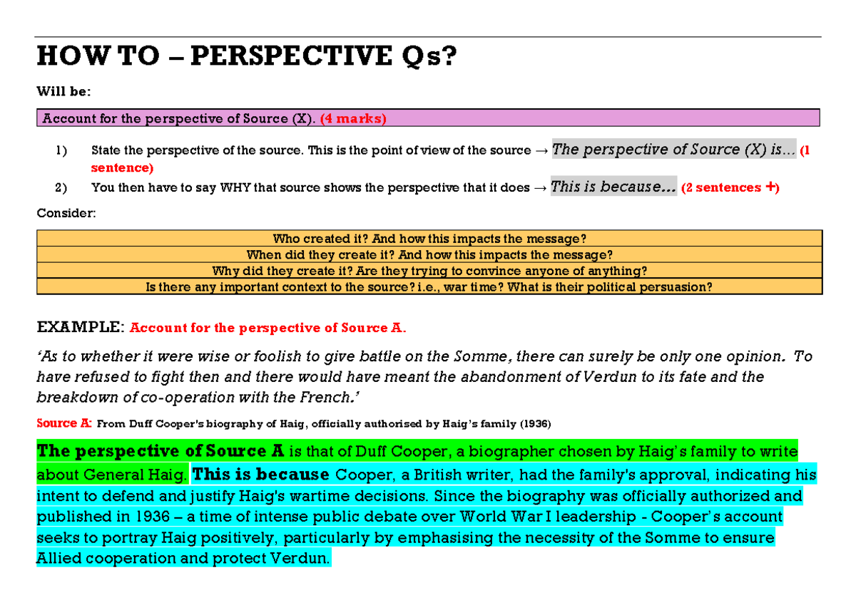 HOW TO Analyze Perspective Questions in History (4 marks) - Studocu