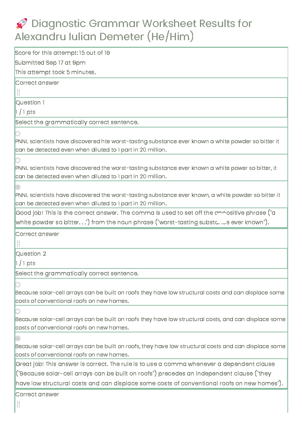 Diagnostic Grammar Worksheet Results (Score: 15/16) - Studocu