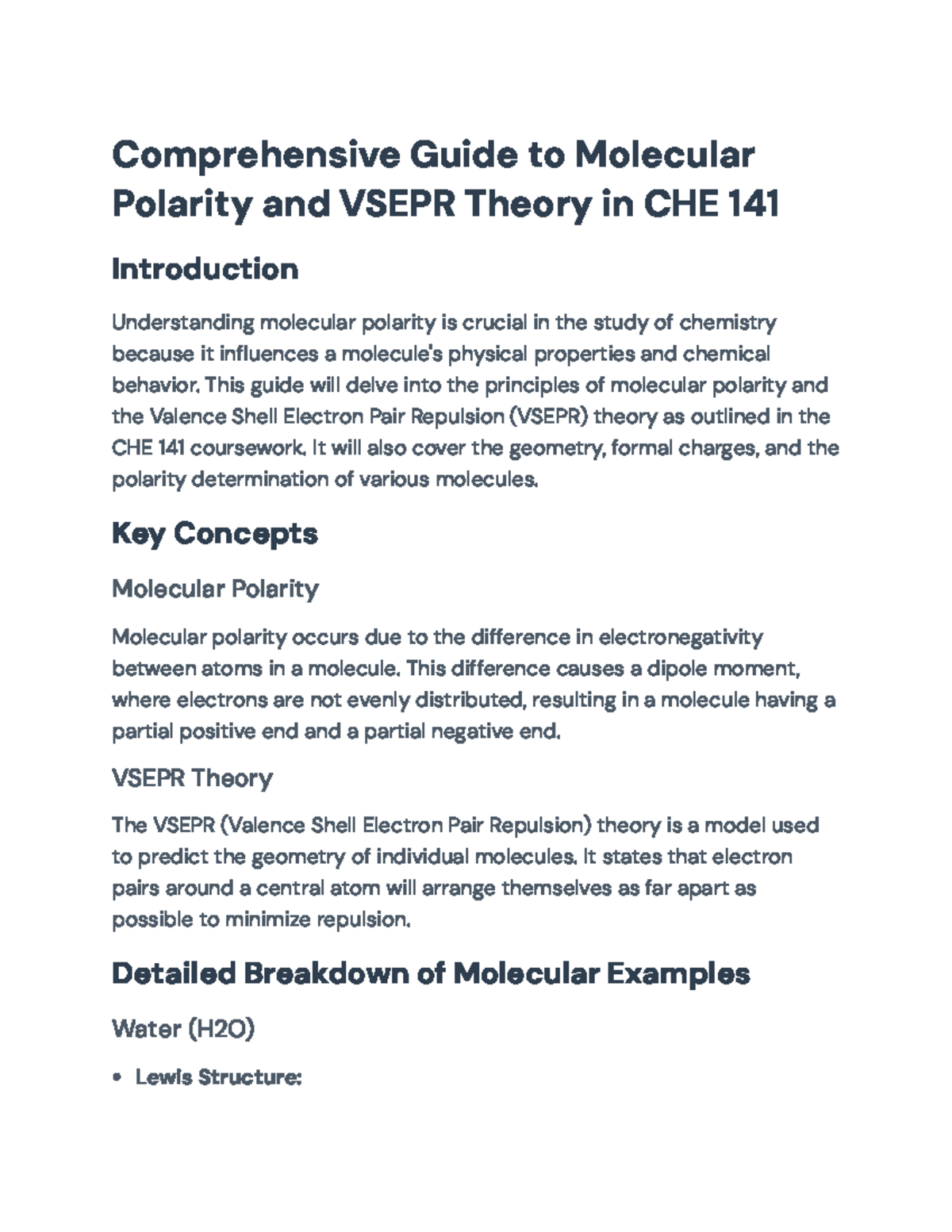 Molecular Polarity and VSEPR Theory Guide for CHE 141 Coursework ...