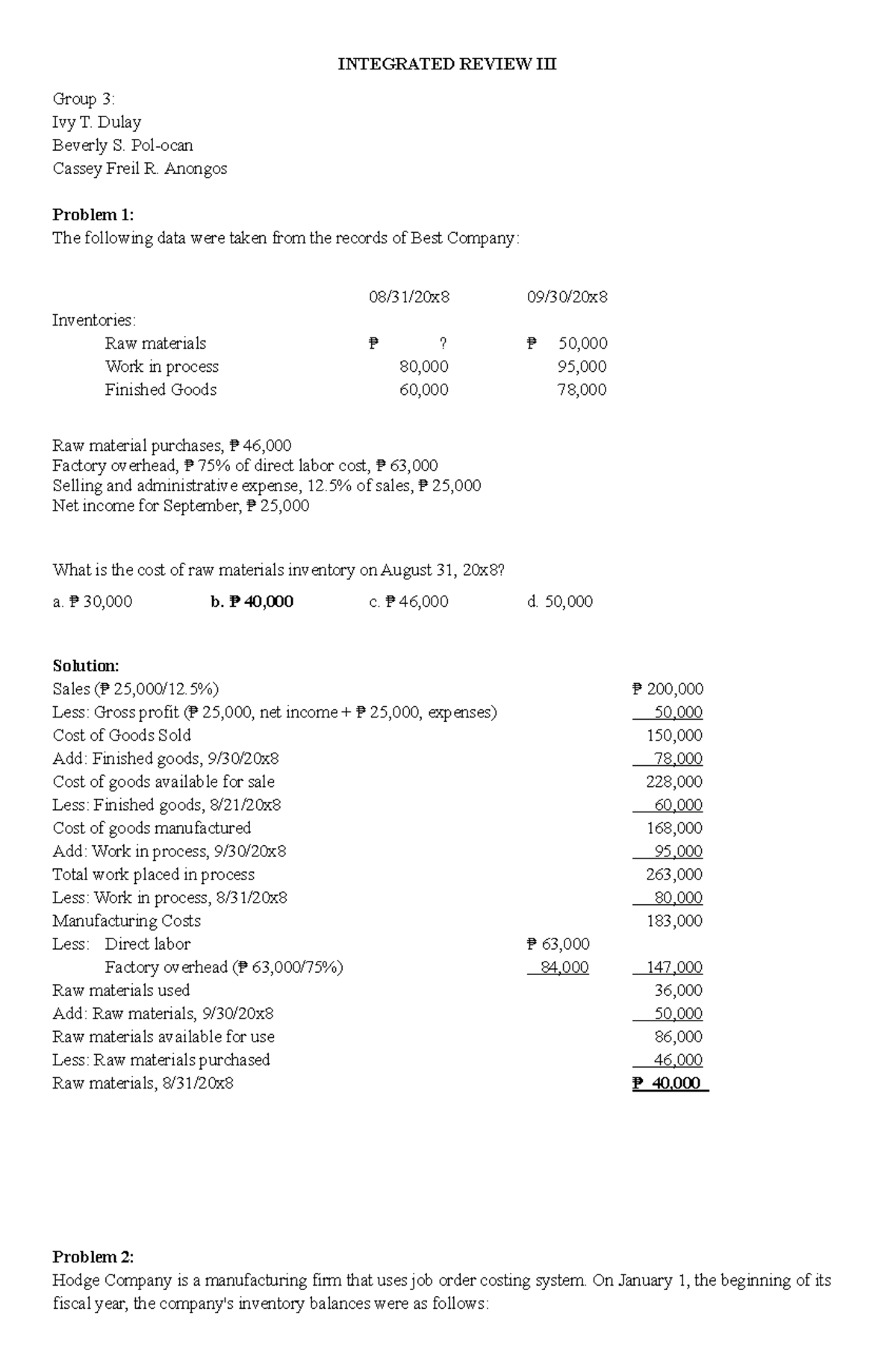 Job Order Costing Analysis: Group 3 - Ivy T. Dulay & Beverly S. Cassey ...
