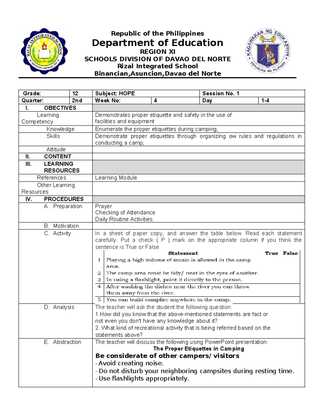 LP HOPE Module 4: Lesson Plan for Grade 12 - Camping Etiquette - Studocu