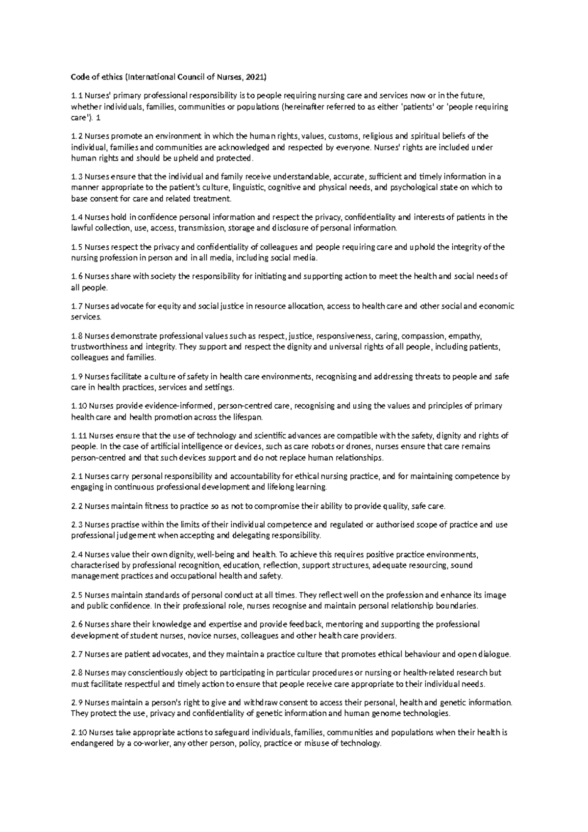 ICN Code of Ethics: Principles and Responsibilities in Nursing Practice ...