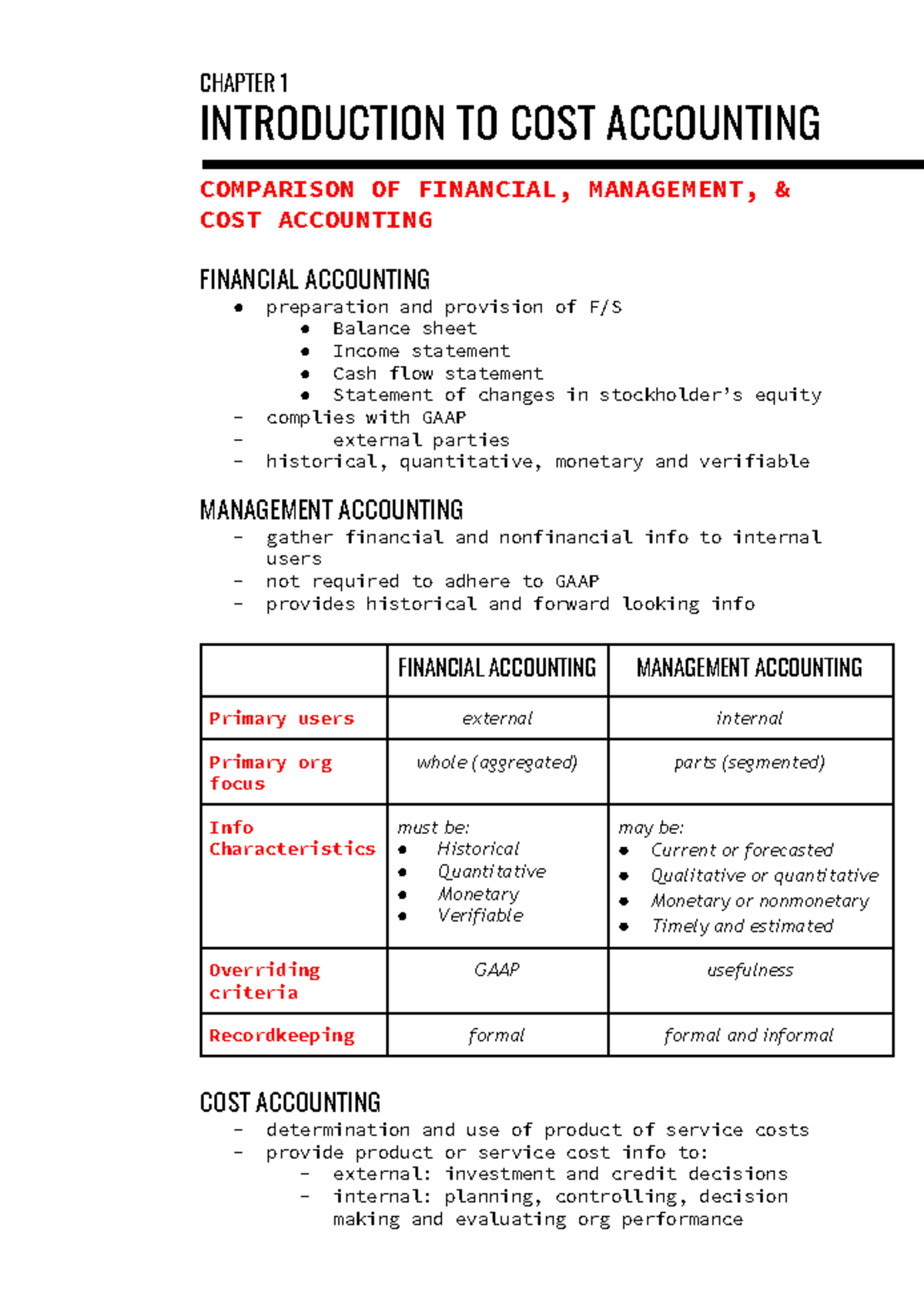 COST Notes - Cost accounting and control - CHAPTER 1 INTRODUCTION TO ...