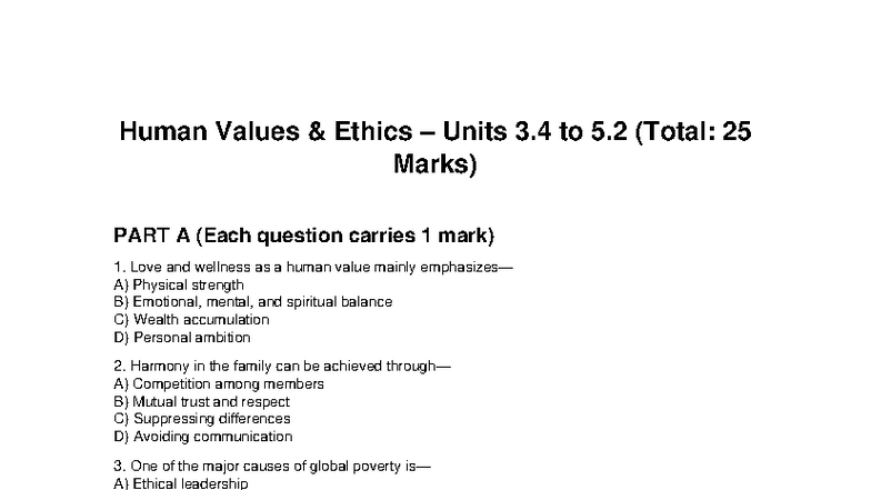 Human Values Ethics Quiz Units 3.4 to 5.2 (Total: 25 Marks) - Studocu