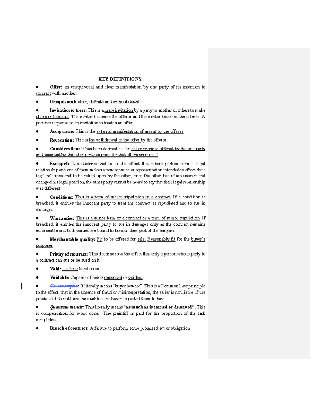 Contract Law Notes: Key Definitions and Concepts (LAW 101) - Studocu