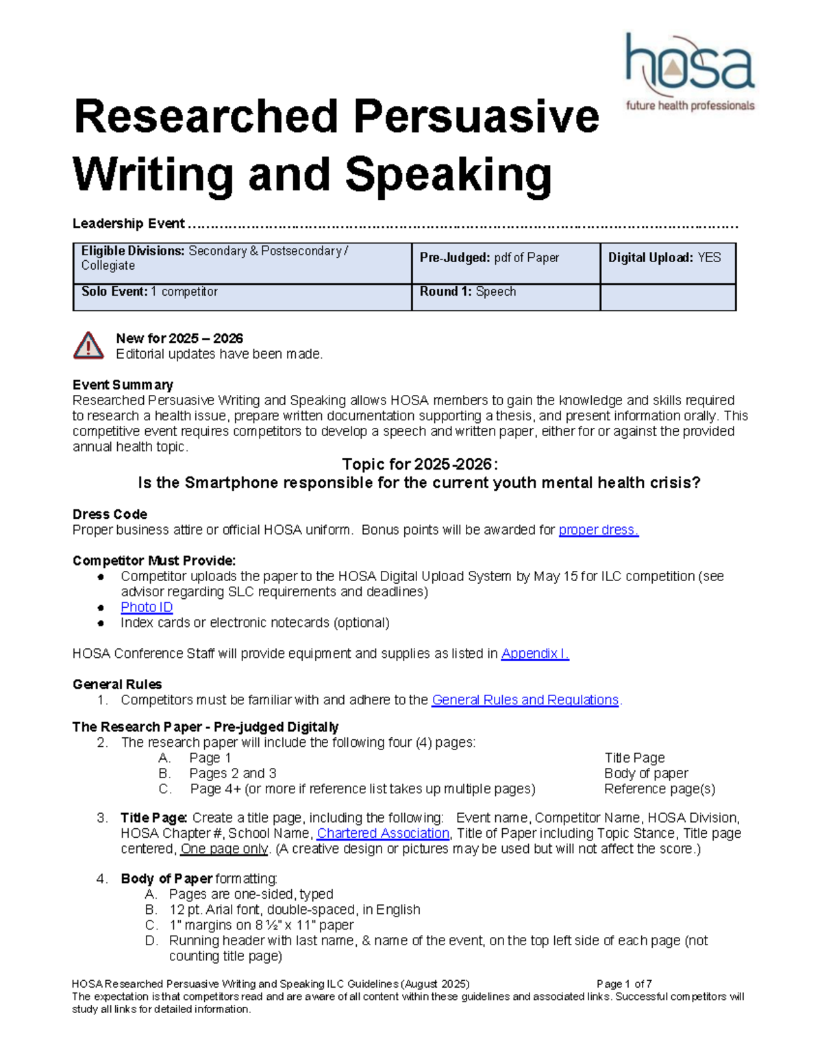 HOSA RPS ILC 2025-2026 Guidelines: Persuasive Writing & Speaking Event ...