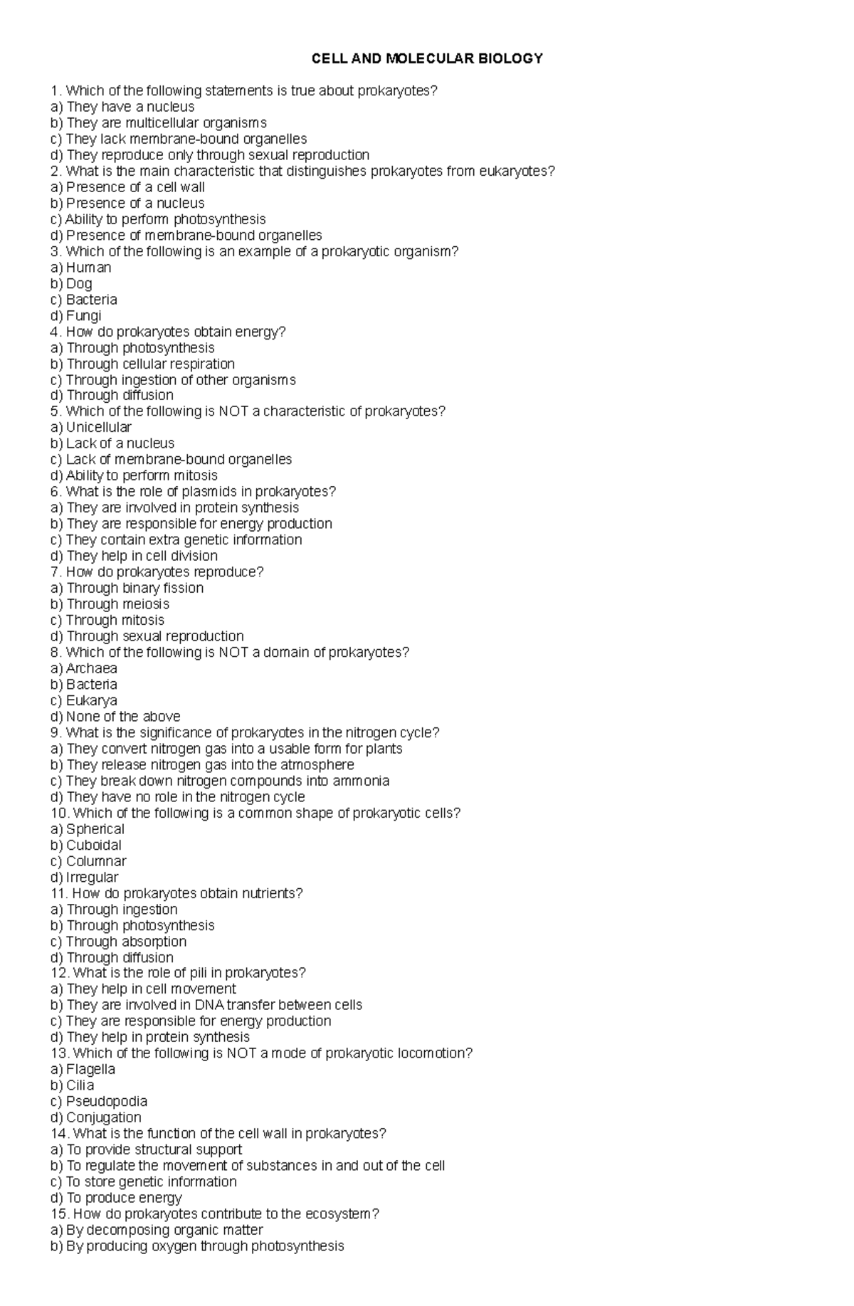 CELL AND Molecular Biology 75 item Quiz MT - CELL AND MOLECULAR BIOLOGY ...