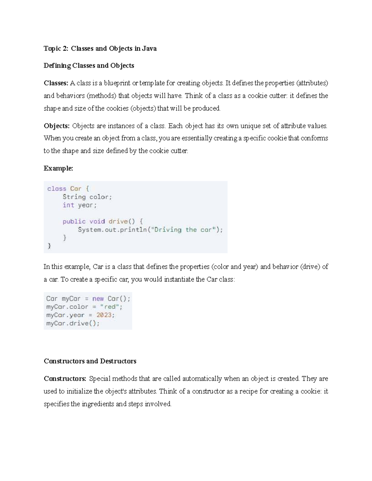 Topic 2: Classes and Objects in Java - Key Concepts and Examples - Studocu
