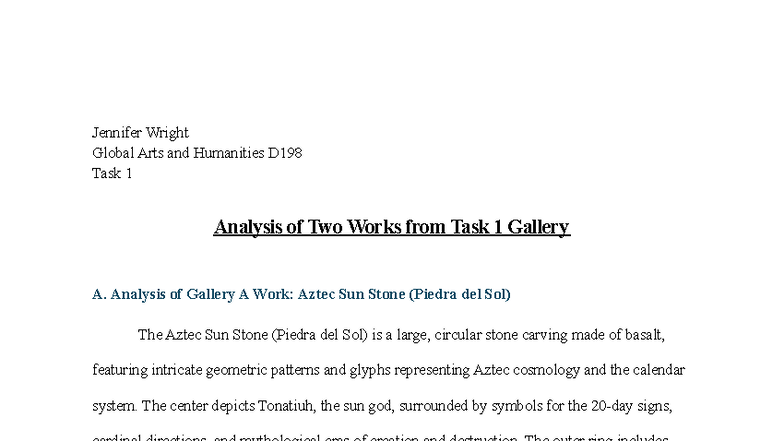 Global Arts and Humanities D198 Task 1: Analysis of Aztec Sun Stone ...