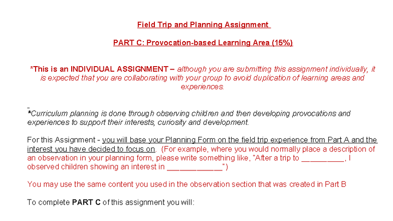 Field Trip & Planning Assignment Part C: Individual Learning Area - Studocu