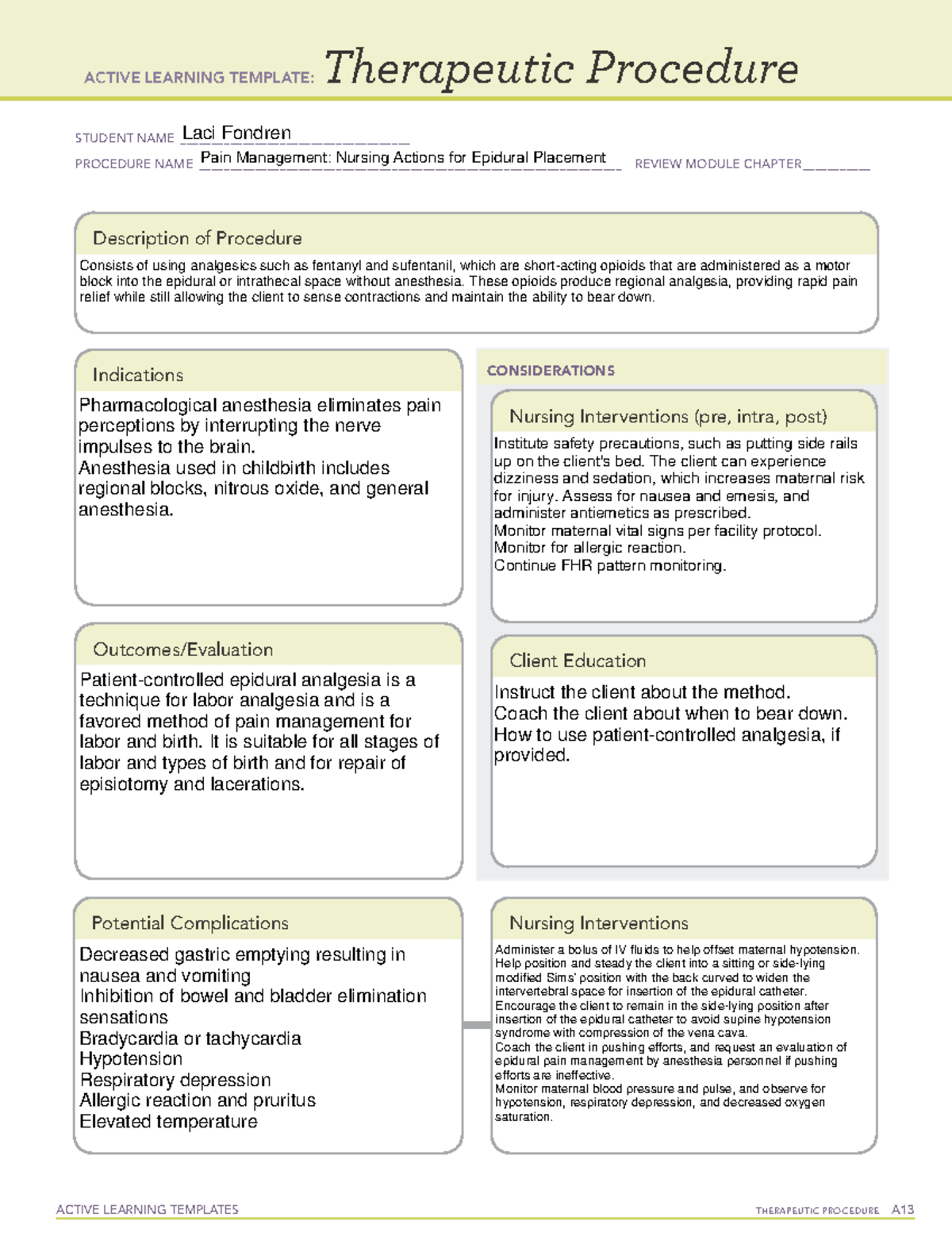 ACTIVE LEARNING TEMPLATE: Pain Management for Epidural Placement A13 ...