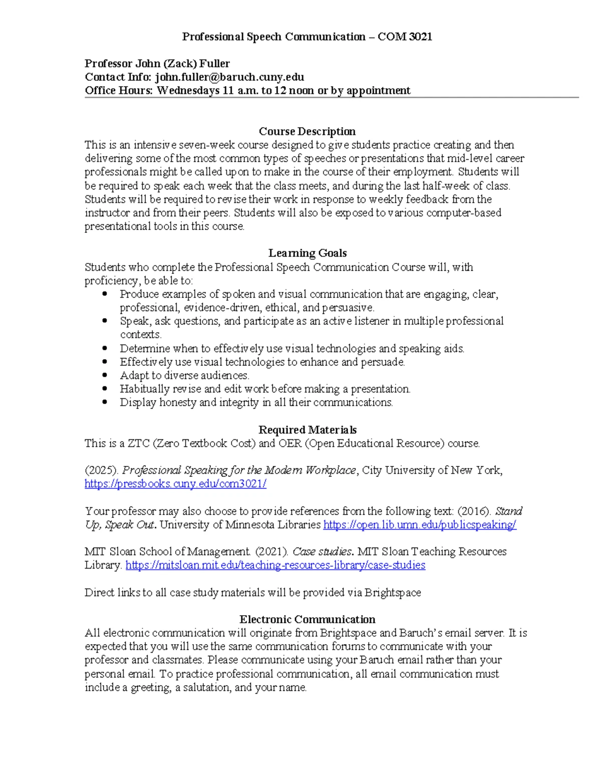 COM 3021 Syllabus: Professional Speech Communication - Spring 2024 ...