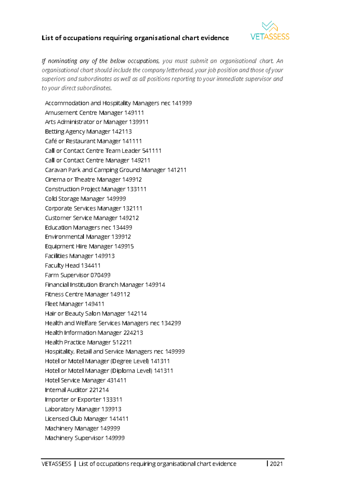 VETASSESS Occupations Requiring Org Chart Evidence List - Studocu