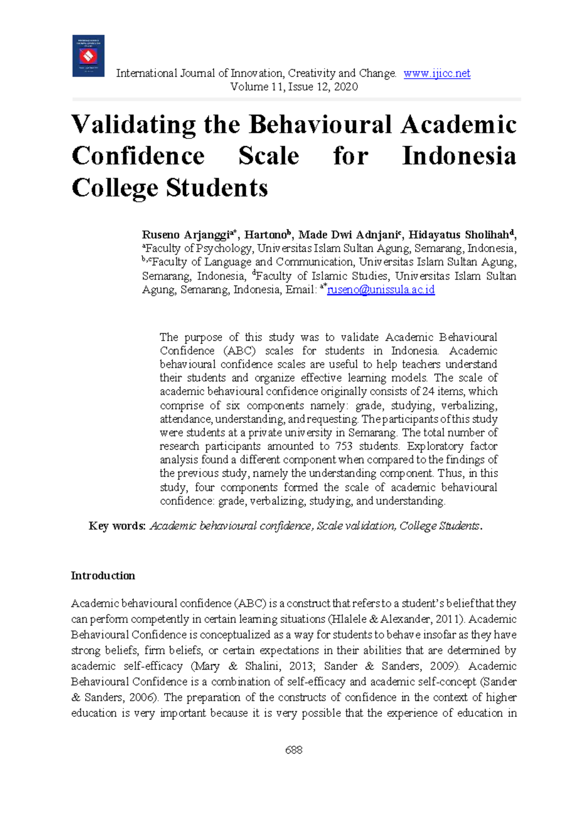 Validation of the Academic Behavioural Confidence Scale for Indonesian ...