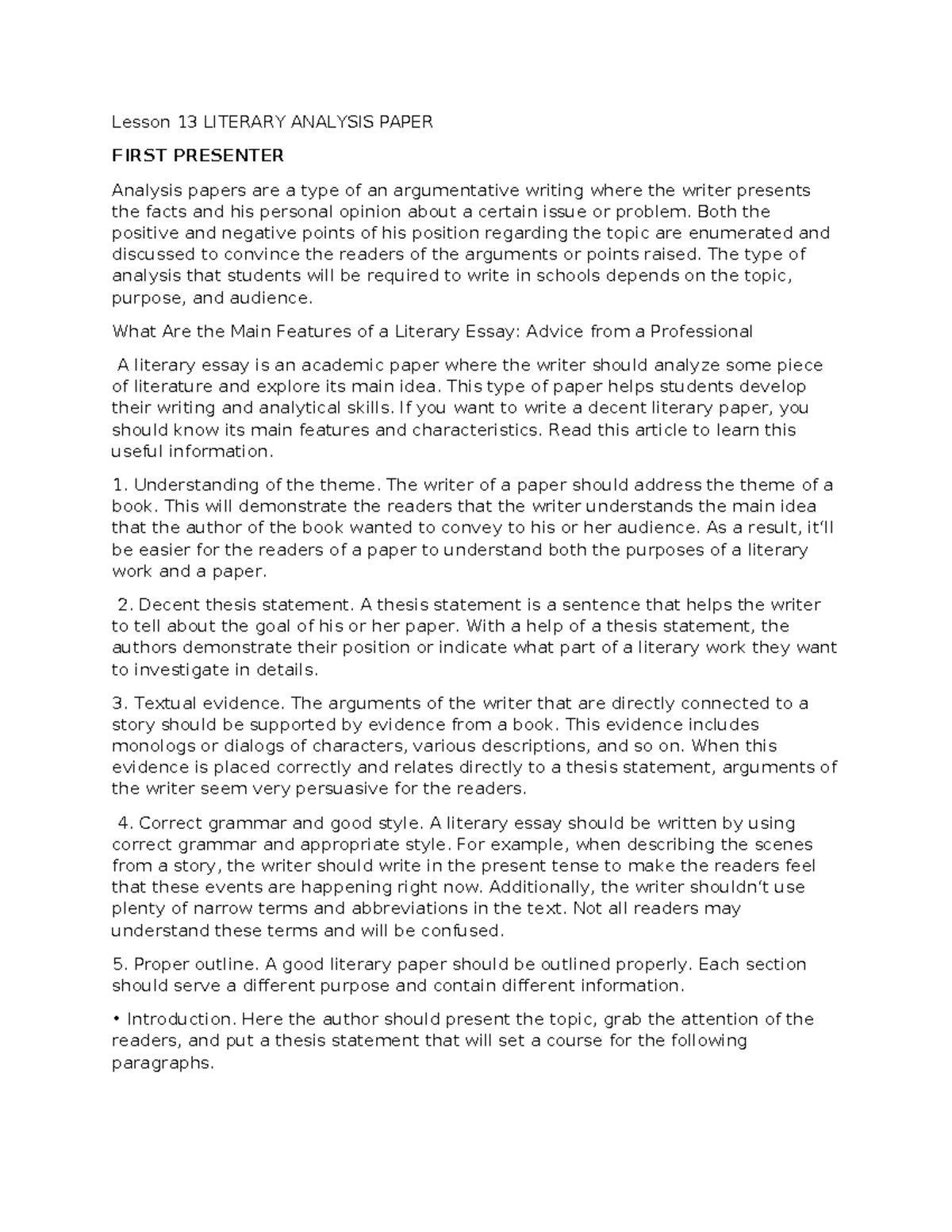 Lesson 13: Literary Analysis Paper Guidelines for Effective Writing ...