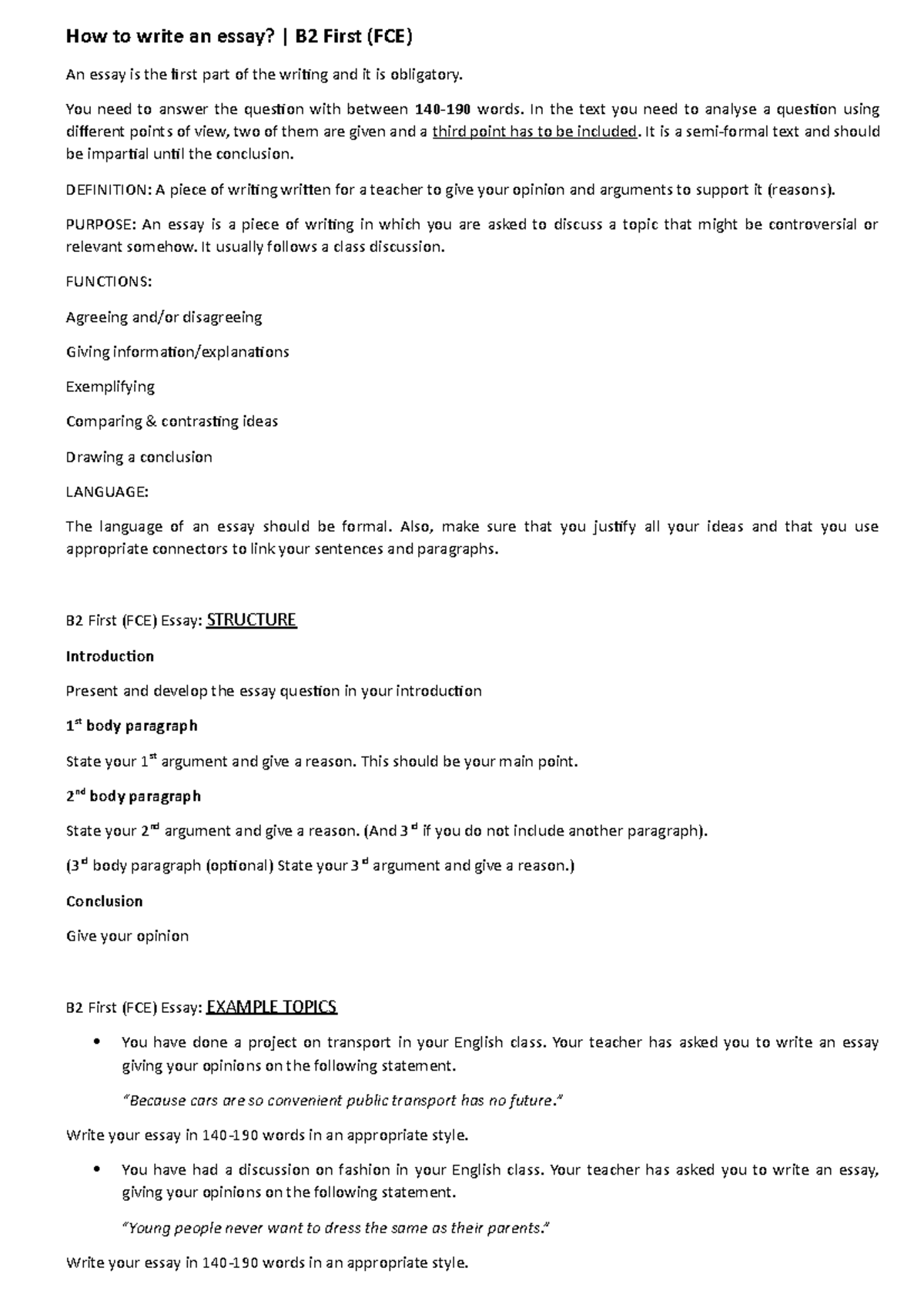 B2 First (FCE) Essay Writing Guide and Tips - Studocu