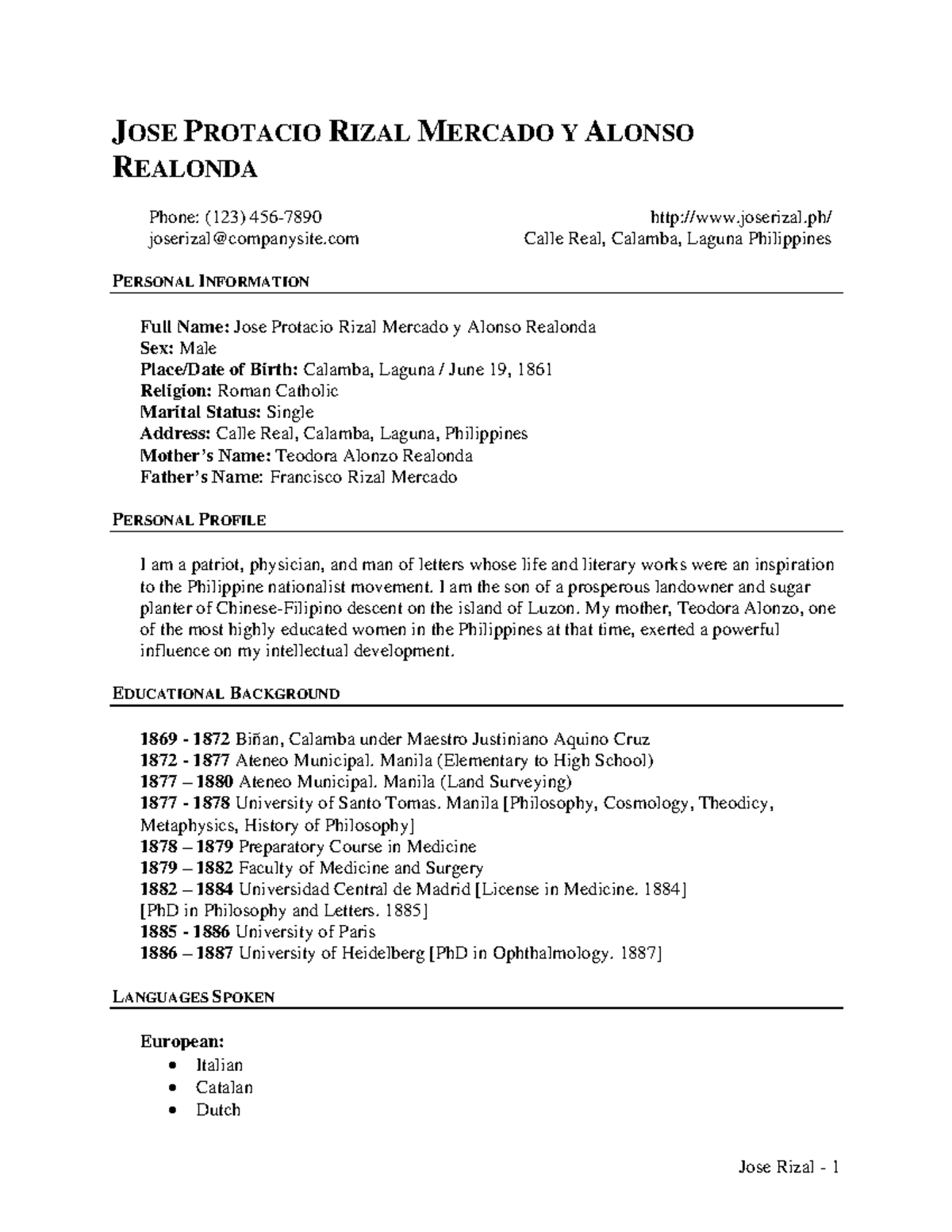 Rizal-CV - Rizal's Curriculum Vitae - Jose Rizal - 1 JOSE PROTACIO ...