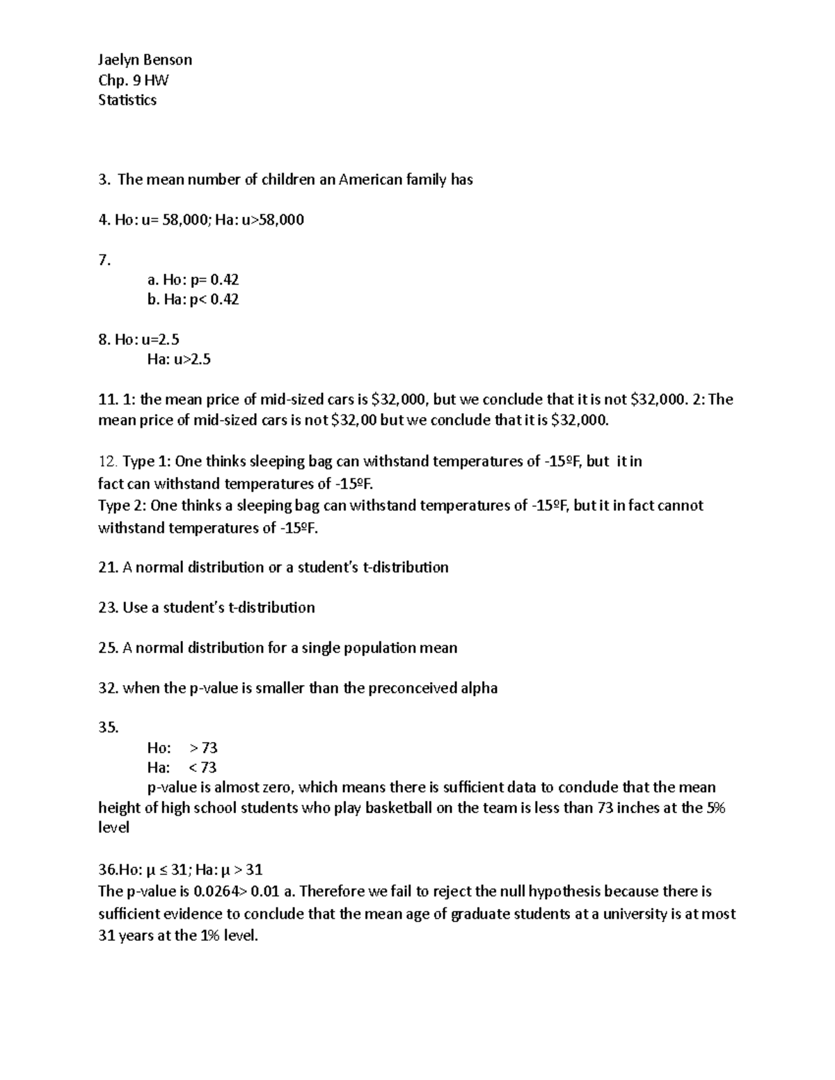Chp. 9 HW - Statistical Analysis Problems and Solutions from Yellow ...