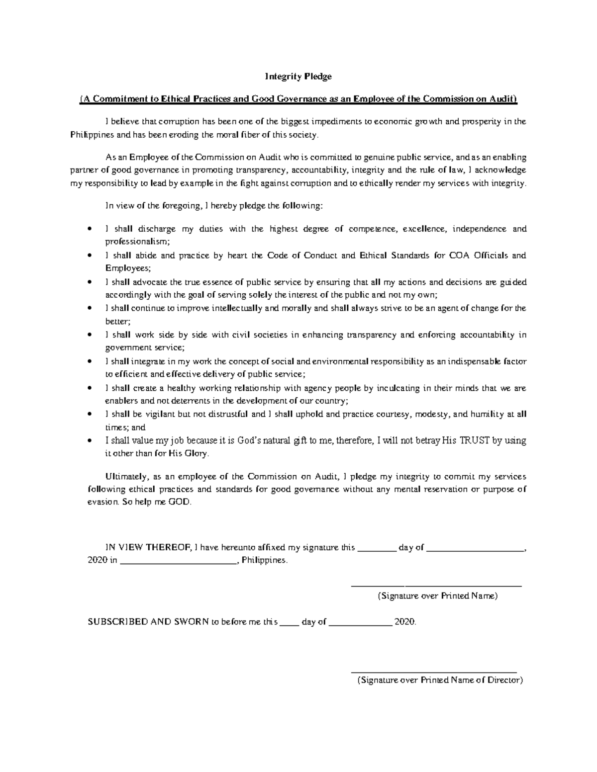 Integrity Pledge Form for COA Employees: Commitment to Ethics - Studocu