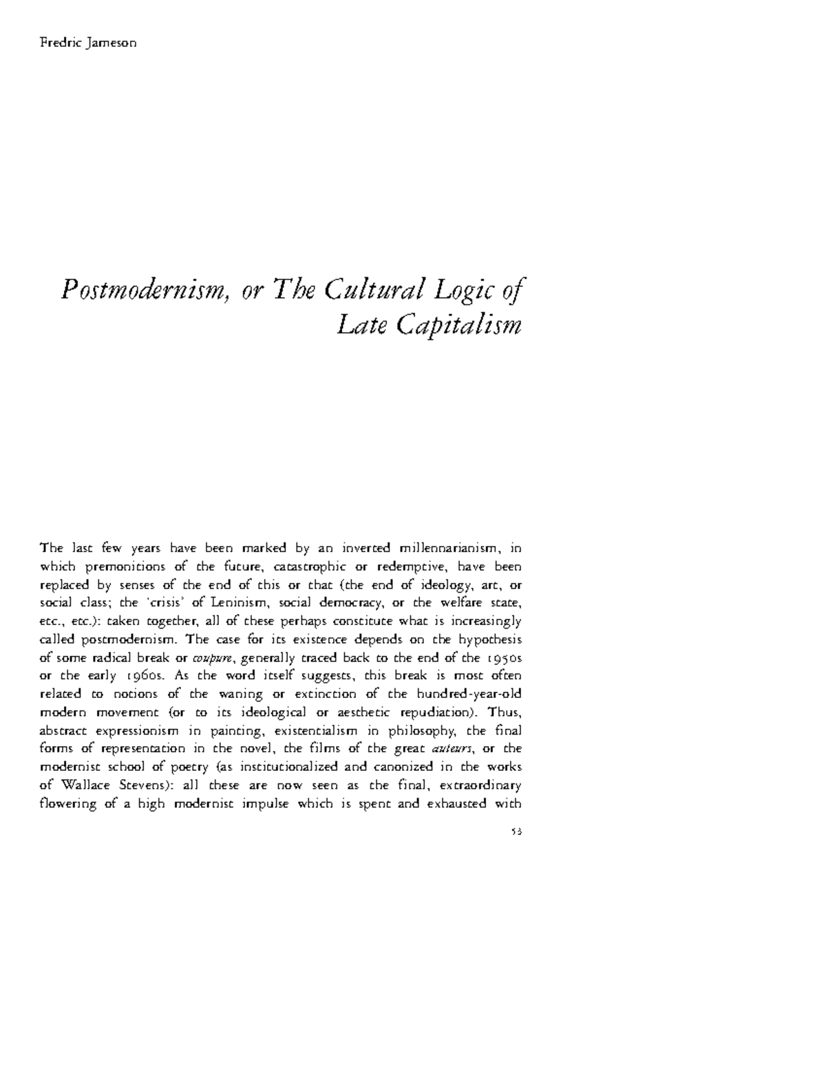 Postmodernism: The Cultural Logic of Late Capitalism Analysis (ENG 101 ...