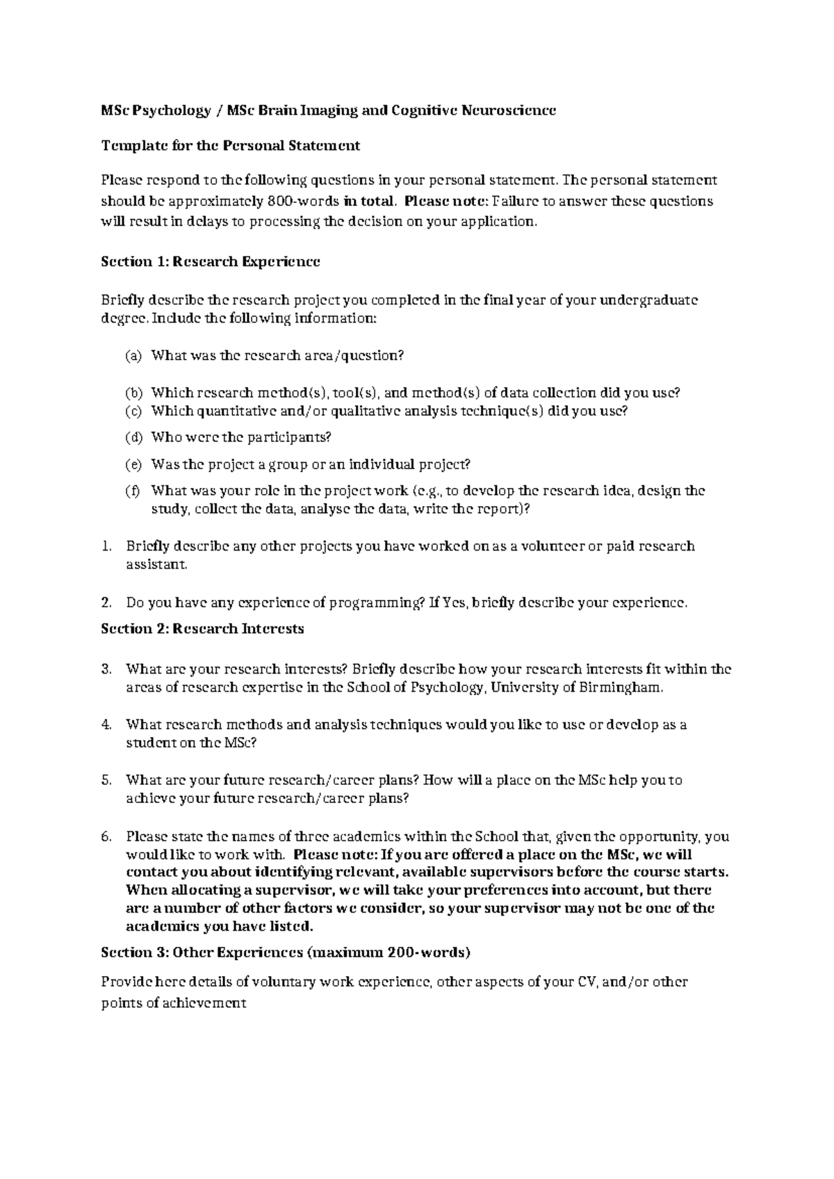 MSc Psychology Personal Statement Template - Brain Imaging Focus - Studocu