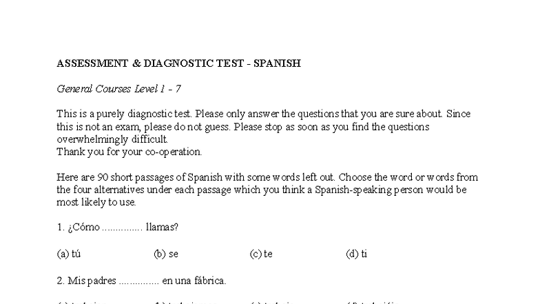 Diagnostic Test: Spanish Level 1 - General Courses - Studocu