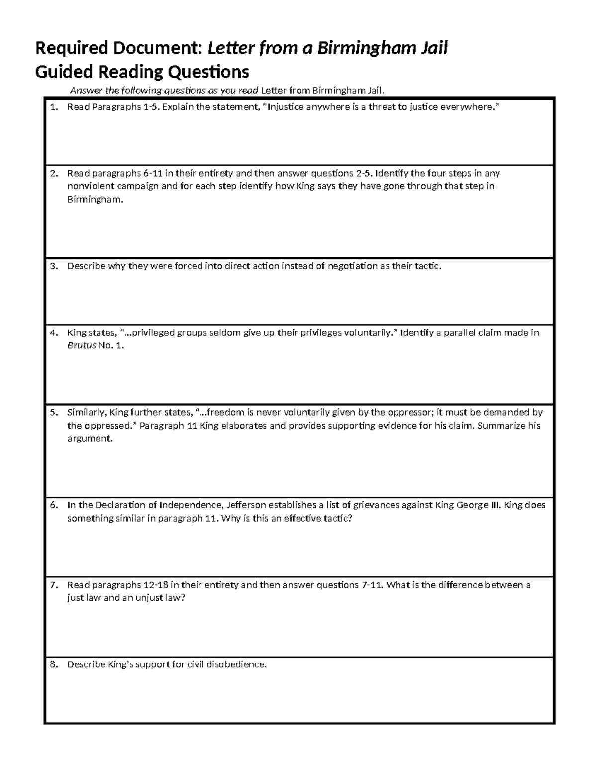 Letter from a Birmingham Jail: Guided Reading Q's and Insights - Studocu