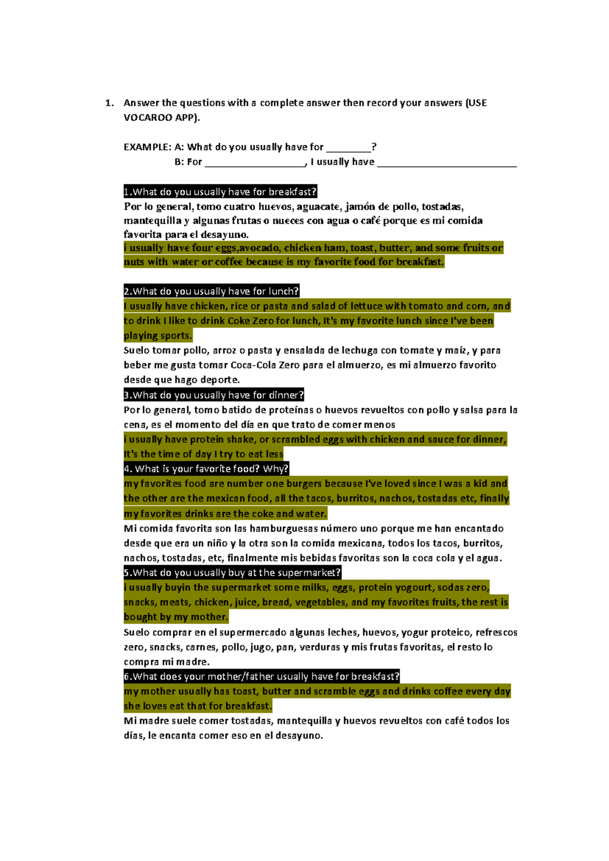 Food Discussion Responses - Spanish & English (Course Code: SP101 ...