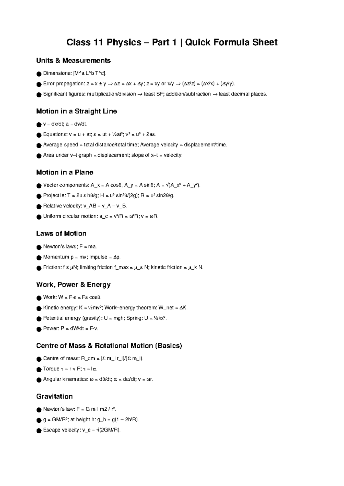 Class 11 Physics Part 1 Quick Formula Sheet: Units & Motion - Studocu