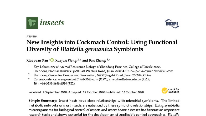Insects 11: Review on Cockroach Control via Symbiotic Microbes - Studocu