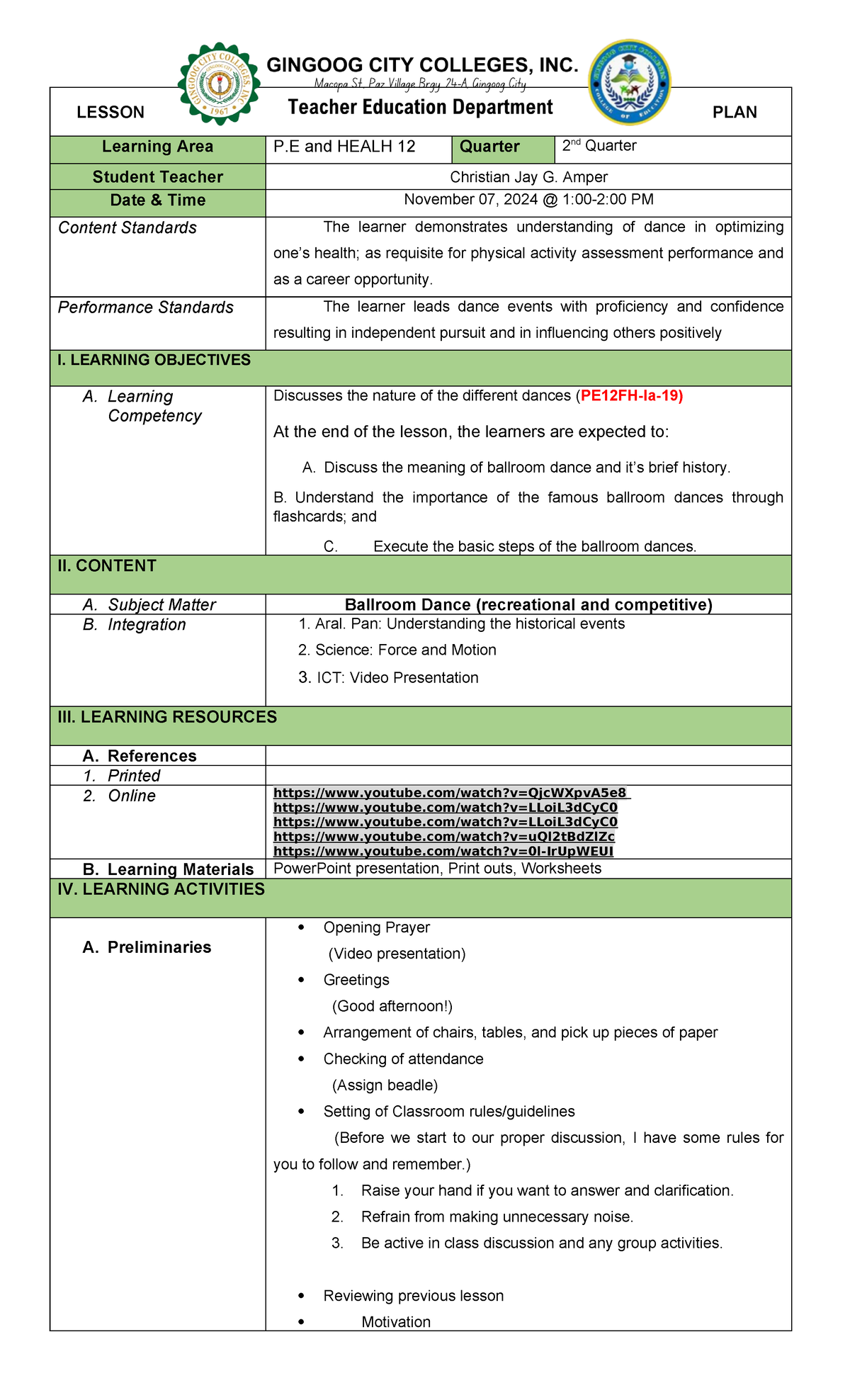 Ballroom Dance Lesson Plan (P.E. & Health 12) - 2nd Quarter - Studocu