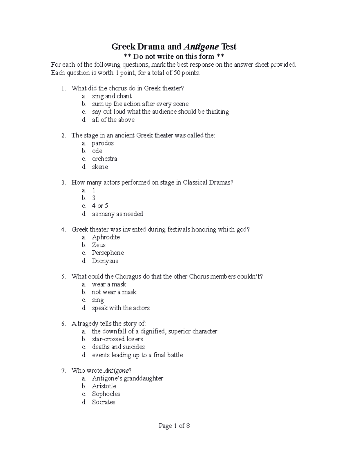 Antigone Quiz: Key Questions on Greek Drama and Tragedy - Studocu