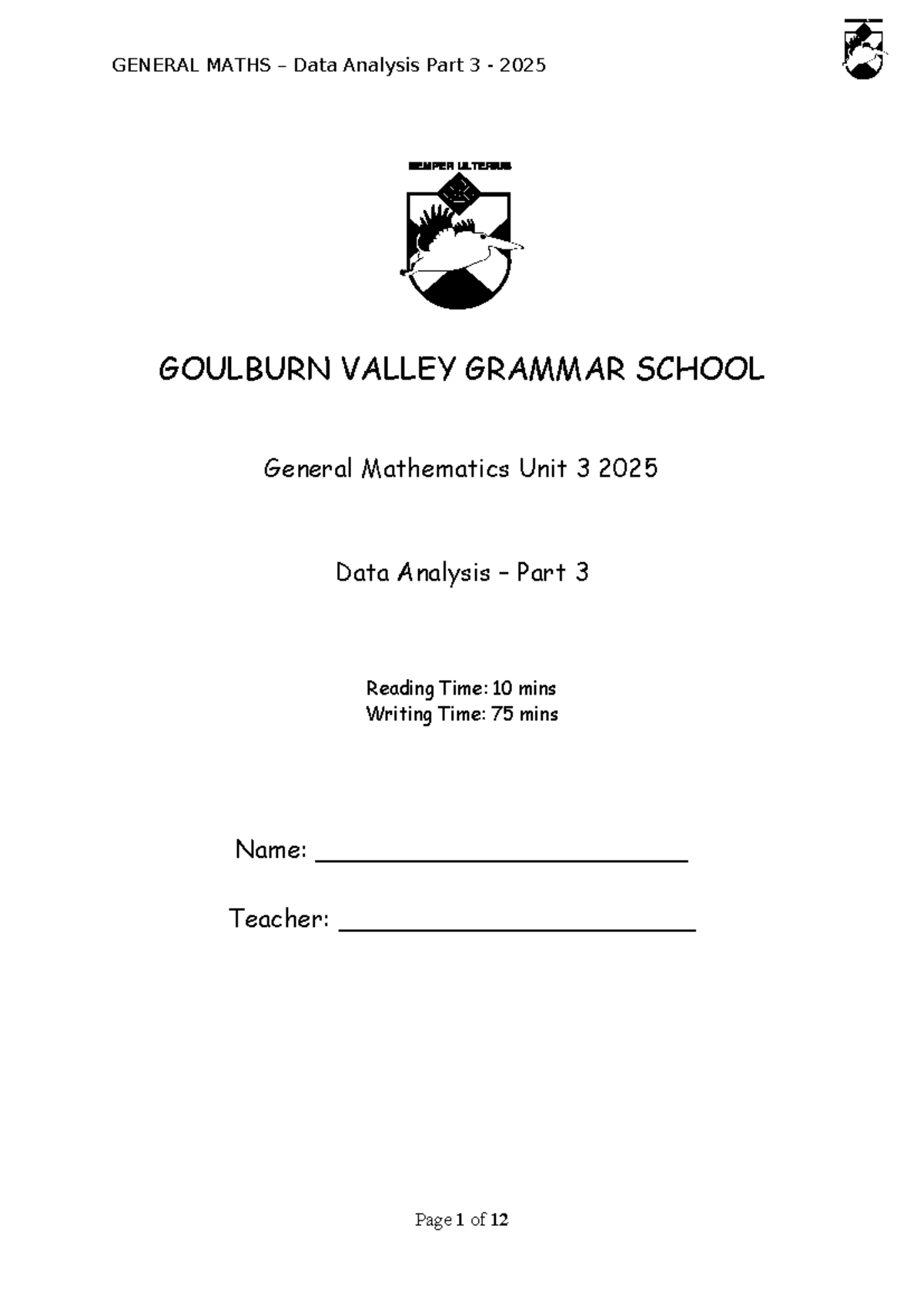 GENERAL MATHS Unit 3 2025 Data Analysis Part 3 Short Answer Exam - Studocu