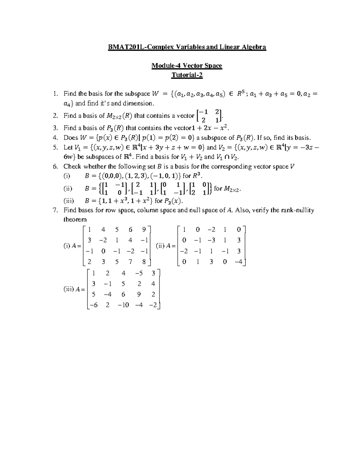 Mod 4 - Tut 2: Vector Space Basis and Subspace Analysis - Studocu