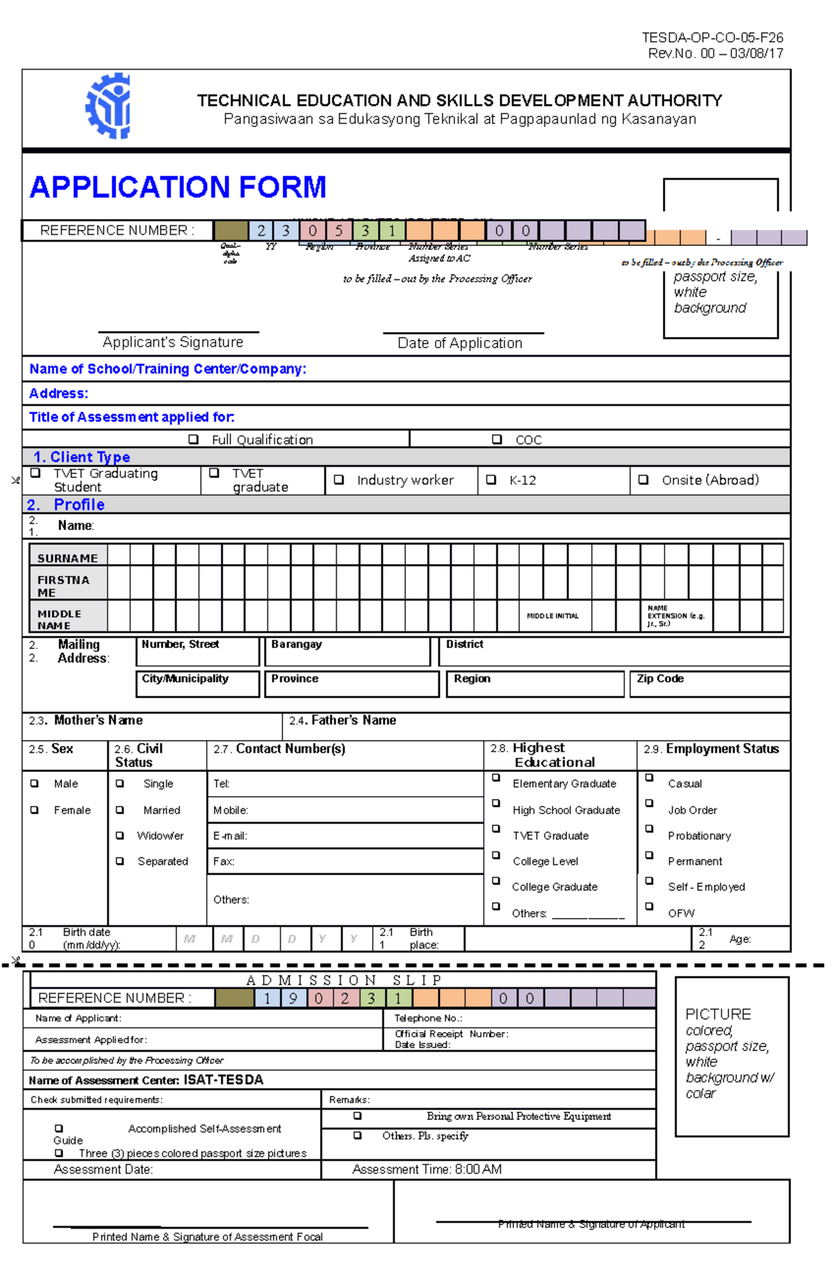 TESDA Application Form - OP-CO-05-F Rev.No. 00 - 03/08/ - Studocu