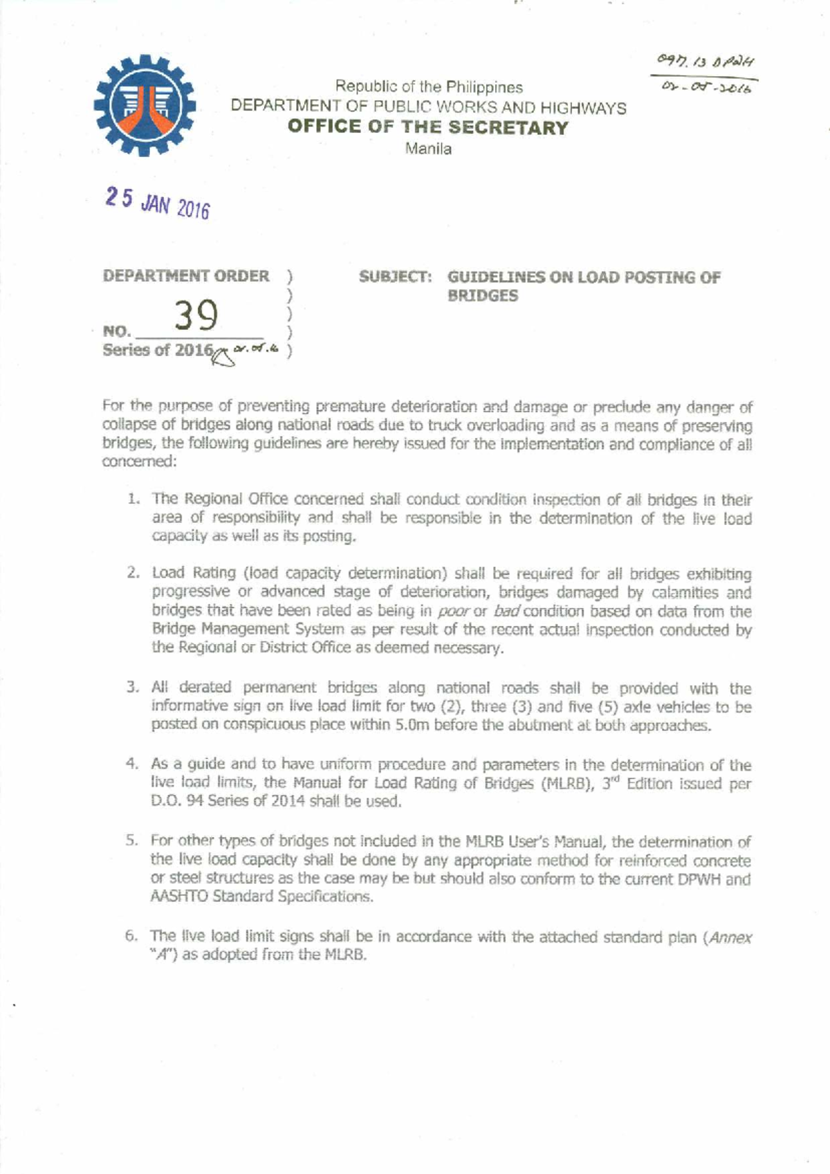 DO 039 s2016: Guidelines on Load Posting of Bridges - Studocu