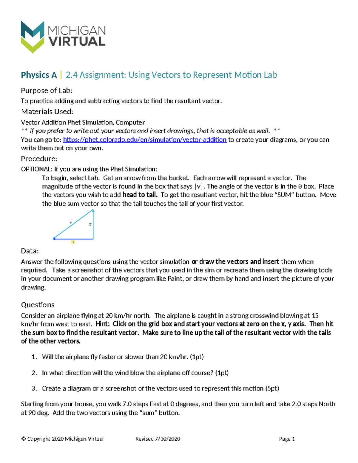 Physics A | 2.4 Vectors Representing Motion Lab Activities Revised 2023 ...