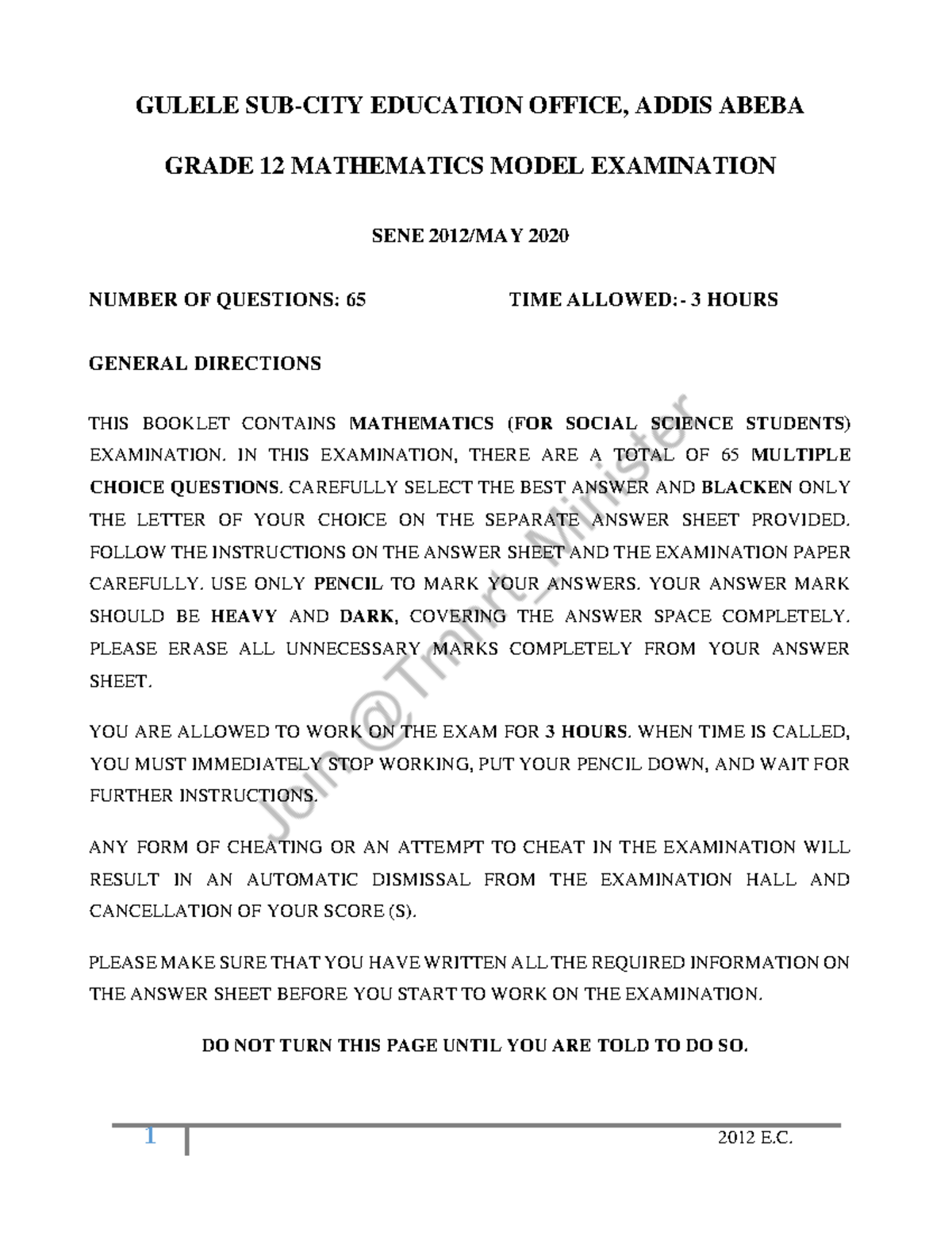 Grade 12 Mathematics Model Exam - Social Science Students - Studocu